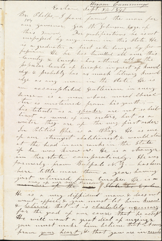 Letter from Hiram Cummings, Easton, to Amos Augustus Phelps, Sept. 8th 1840 - Digital Commonwealth