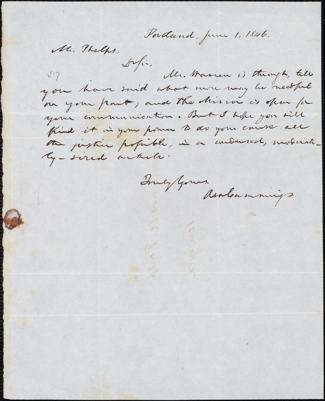 Letter from Asa Cummings, Portland, to Amos Augustus Phelps, June 1 ...