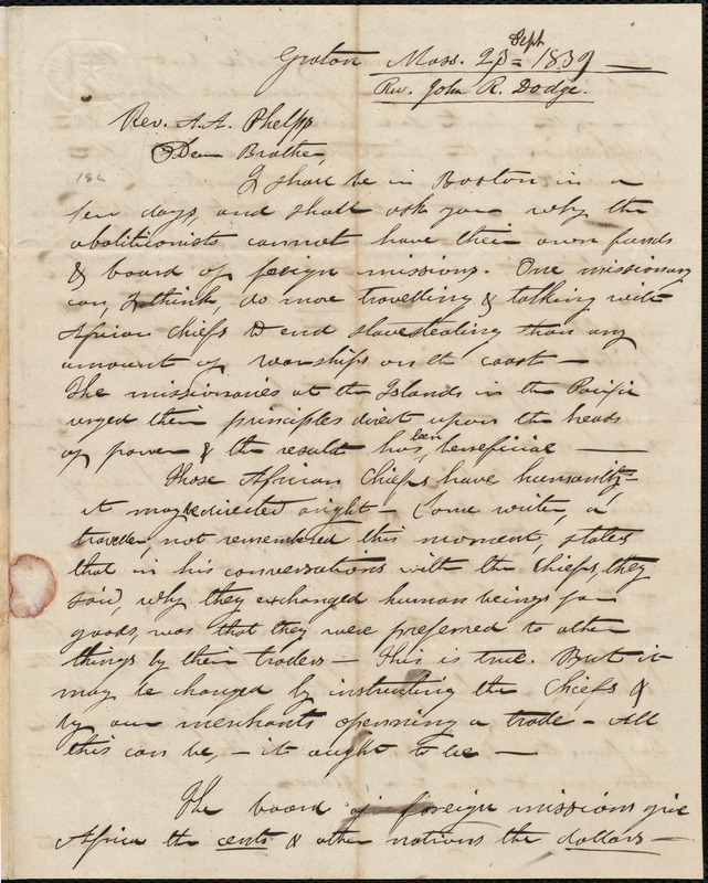 Letter from John R. Dodge, Groton, Mass., to Amos Augustus Phelps, 23 [September] 1839 - Digital ...