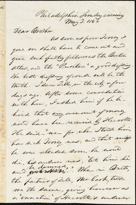 Letter from Charles Dexter Cleveland, Philadelphia., to Amos Augustus Phelps, May 3. 1846 ...