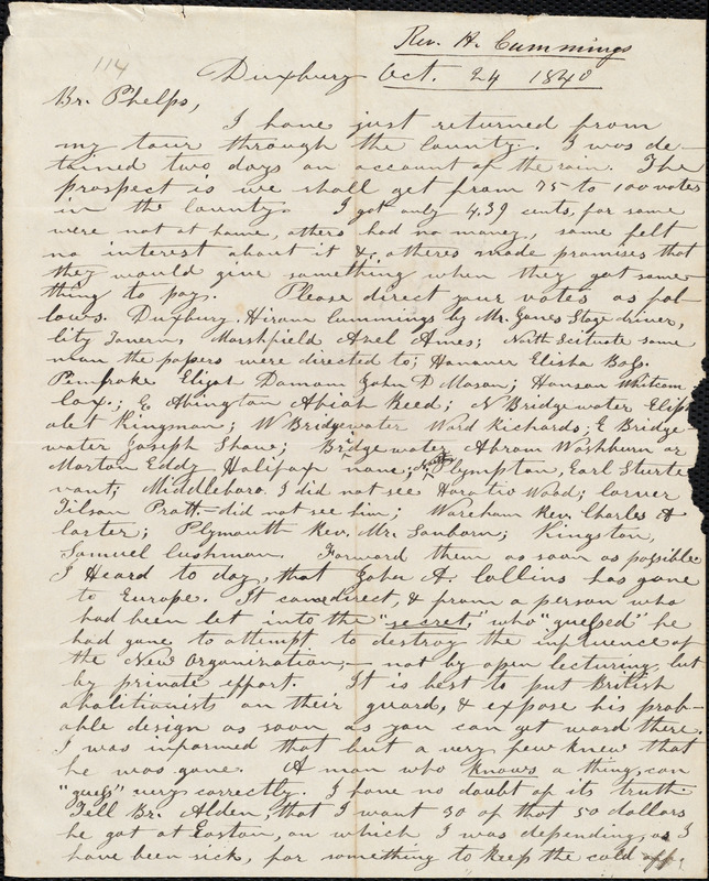 Letter from Hiram Cummings, Duxbury, to Amos Augustus Phelps, Oct. 24 1840 - Digital Commonwealth