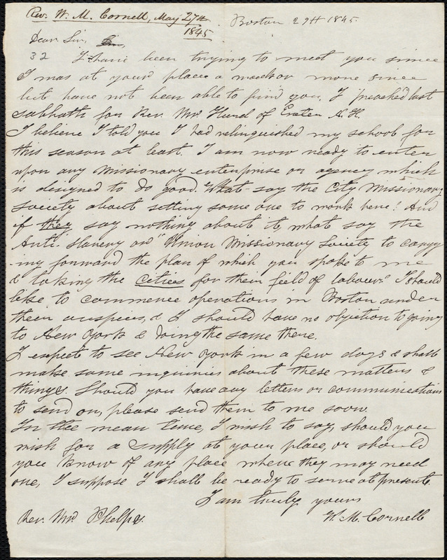 Letter from William Mason Cornell, Boston, to Amos Augustus Phelps, 27th [May] 1845 - Digital ...