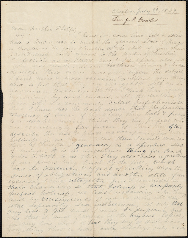 Letter from John Phelps Cowles, Oberlin, to Amos Augustus Phelps, Jule 29, 1839 - Digital ...