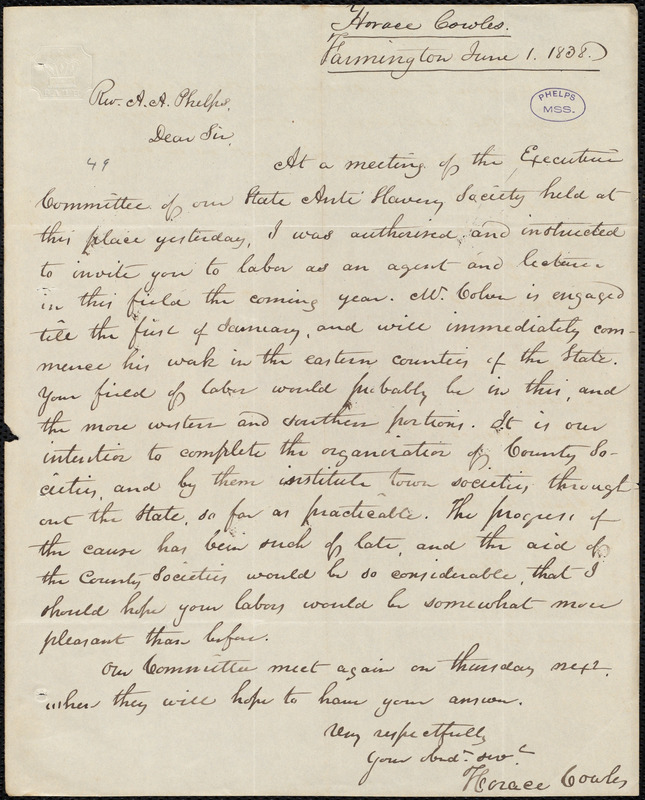 Letter from Horace Cowles, Farmington, to Amos Augustus Phelps, June 1. 1838 - Digital Commonwealth