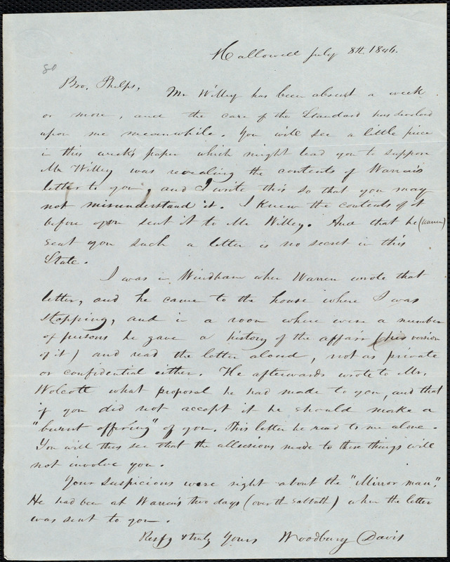 Letter from Woodbury Davis, Hallowell, to Amos Augustus Phelps, July ...