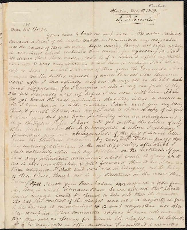 Letter from John Phelps Cowles, Oberlin, to Amos Augustus Phelps, Dec. 5, 1839 - Digital ...