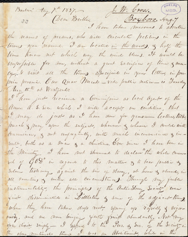 Letter from Joseph Warren Cross, Boxboro, to Amos Augustus Phelps, Aug 7th 1837 - Digital ...