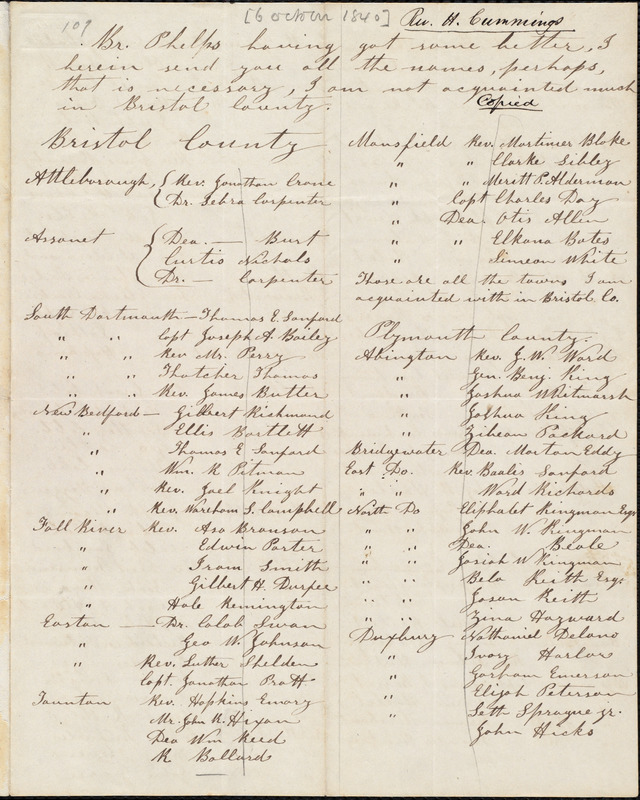 Letter from Hiram Cummings, [Duxbury], to Amos Augustus Phelps, [Oct. 6 1840] - Digital Commonwealth