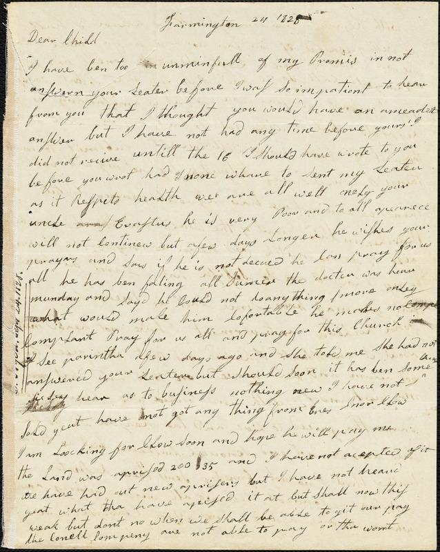 Letter from Clarissa Bodwell Phelps Tryon, Farmington, [Connecticut], to Amos Augustus Phelps ...
