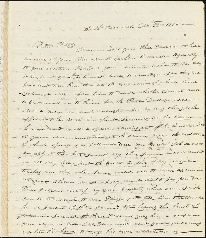 Letter from William P. Weeks, South Berswick, [Maine], to Amos Augustus Phelps, 1828 Nov[ember ...