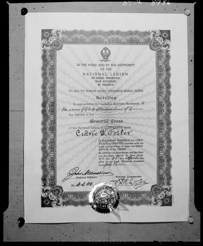 Cedric Foster, Greek award - Digital Commonwealth