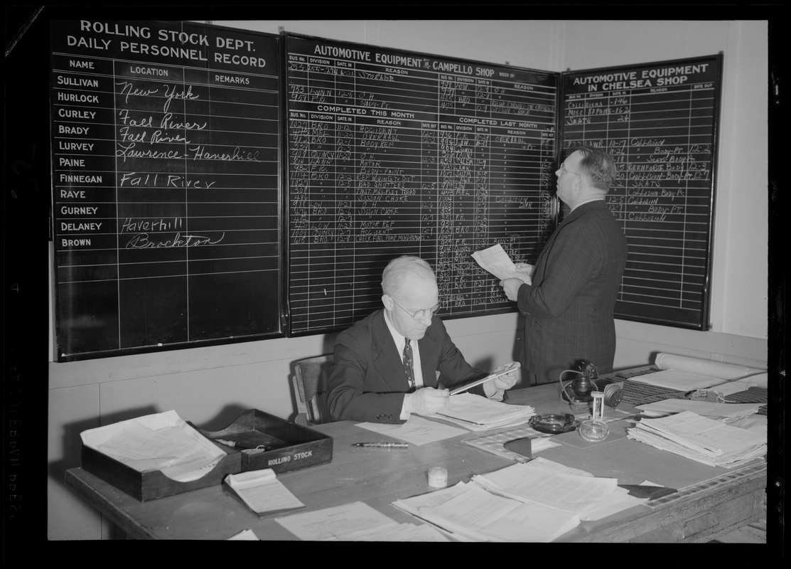 Two office workers with work records on chalkboards - Digital Commonwealth