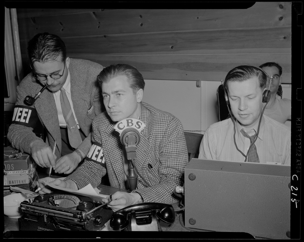 WEEI broadcasters at CBS microphone - Digital Commonwealth