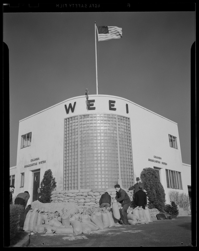 Sandbags at WEEI building - Digital Commonwealth