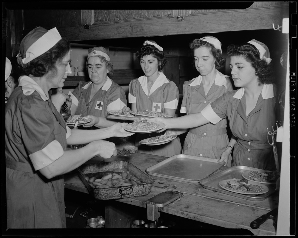 Red Cross volunteers preparing dishes - Digital Commonwealth