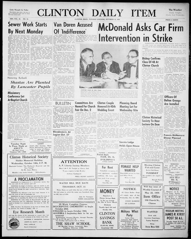 Clinton Daily Item. October 13, 1959 - Digital Commonwealth