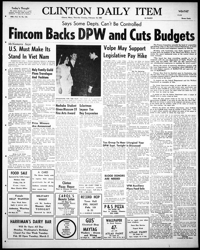 Clinton Daily Item. February 18, 1965 - Digital Commonwealth
