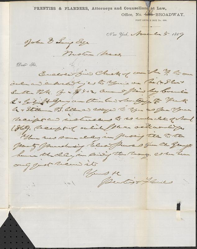 Letter from Prentiss & Flanders to John D. Long, November 5, 1869 ...