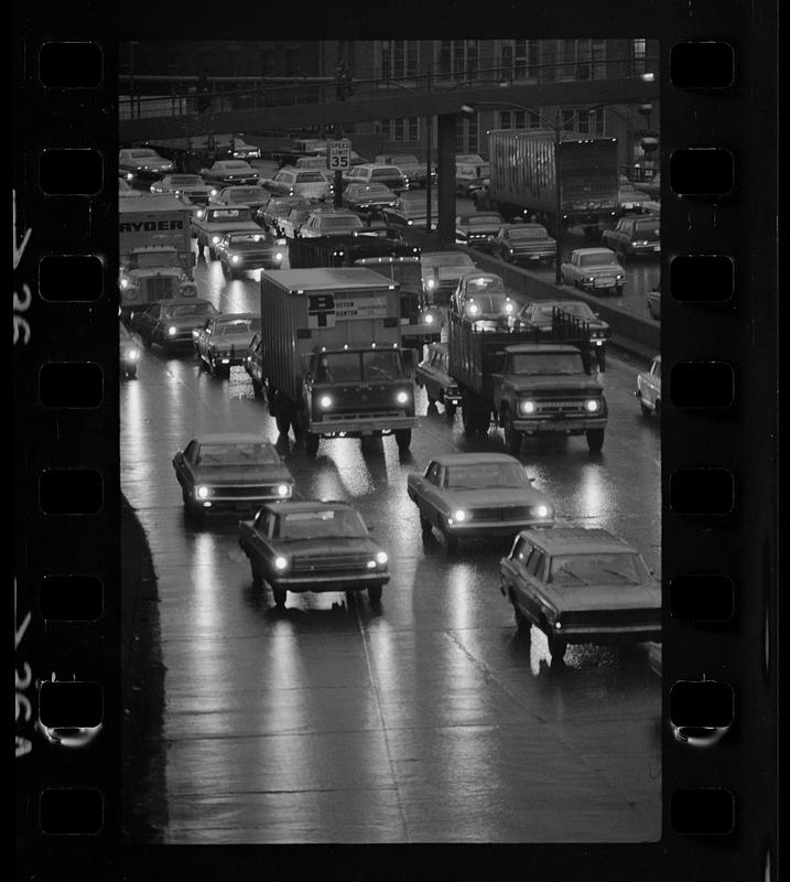 Night traffic southbound on Central Artery near South Station, downtown ...