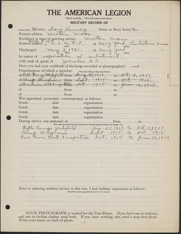 American Legion military record of Horace Sears Kenney - Digital ...