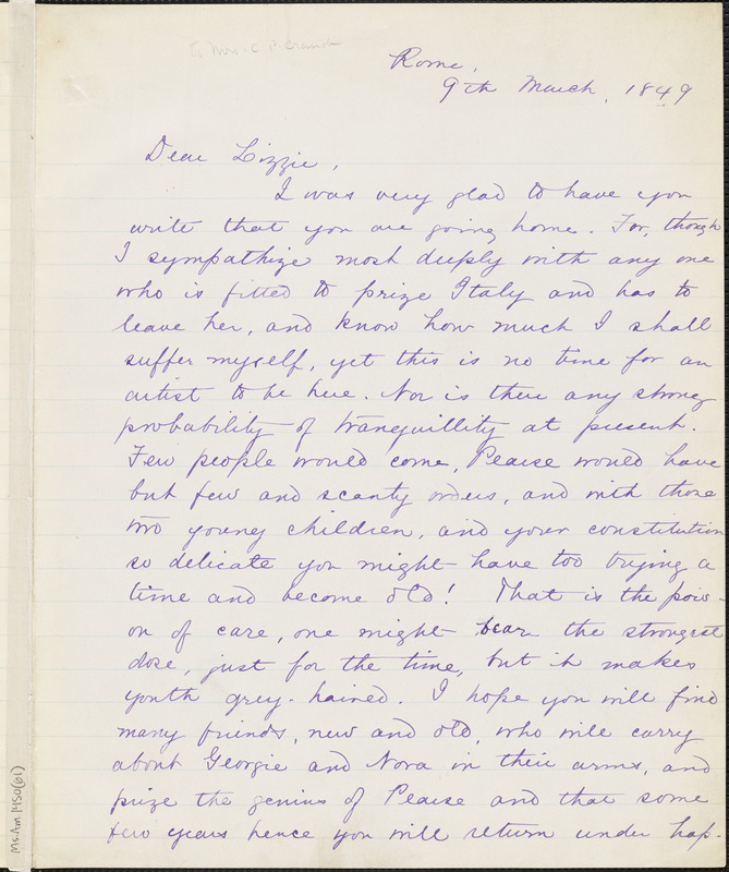 Margaret Fuller manuscript letter (copy) to Mrs. Christopher Pearse ...
