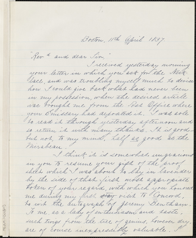 Margaret Fuller manuscript letter (copy) to Ralph Waldo Emerson, Boston ...