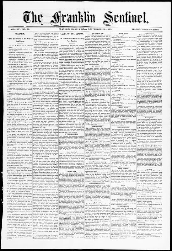 The Franklin Sentinel. September 29, 1893 - Digital Commonwealth