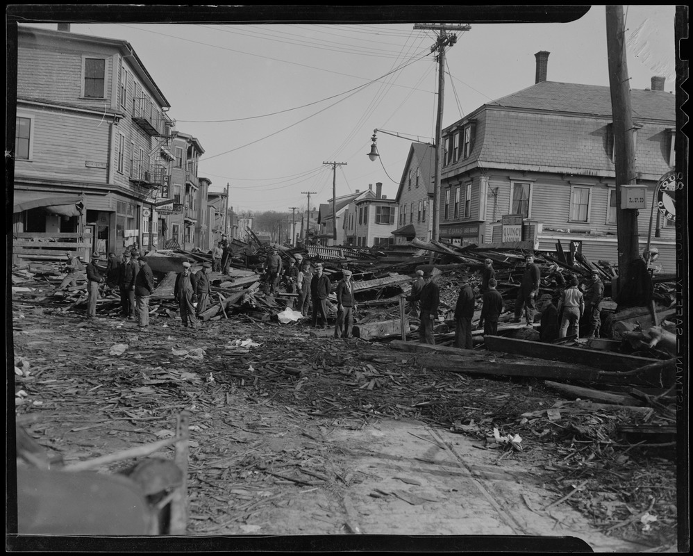 Debris and destruction at intersection - Digital Commonwealth