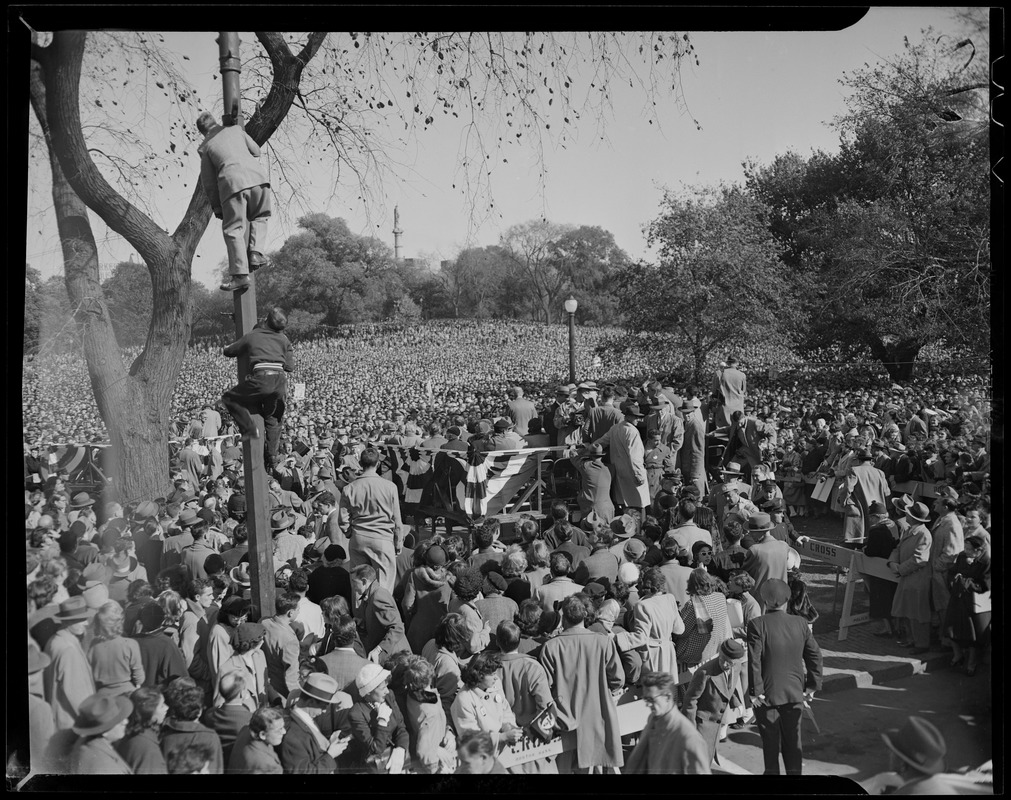 Crowds gather on the Boston Common behind stage for General Eisenhower ...