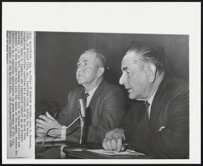 Tells of Burning Records--John D. Swenson, right, of Bossier City, La ...