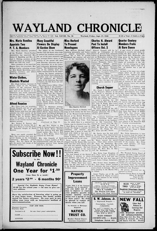 The Wayland Chronicle. September 27, 1940 - Digital Commonwealth