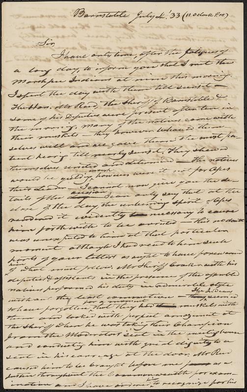 Mashpee Revolt, 1833-1834 - Letter from Josiah J. Fiske to Gov. Levi ...