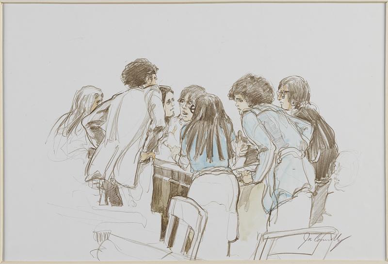 Susan Saxe surrounded by [illegible] at trial. (Artist was criticized ...