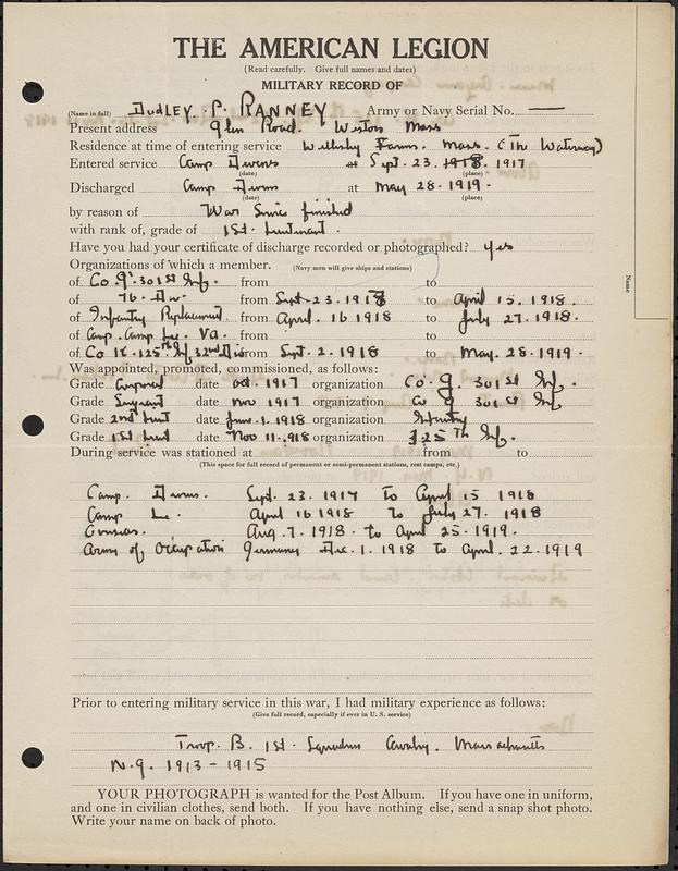 American Legion military record of Dudley Porter Ranney - Digital ...