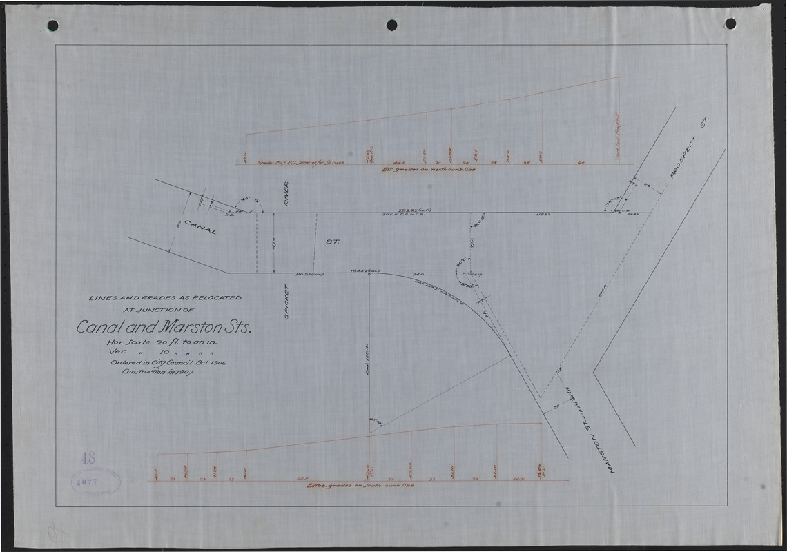 Lines and grades as relocated at junction of Canal and Marston Sts ...