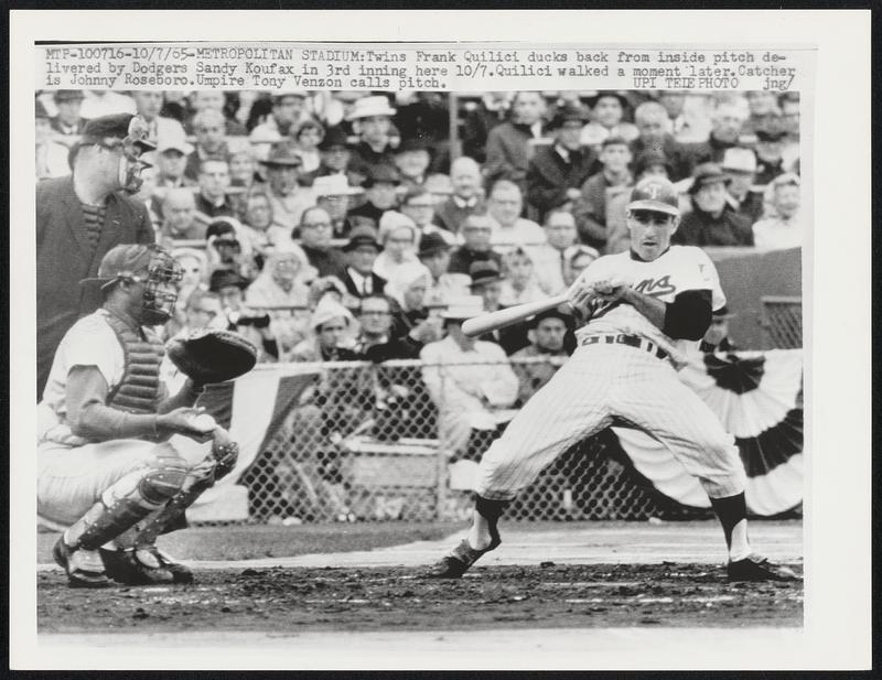Metropolitan Stadium: Frank Quilici ducks back from inside pitch ...