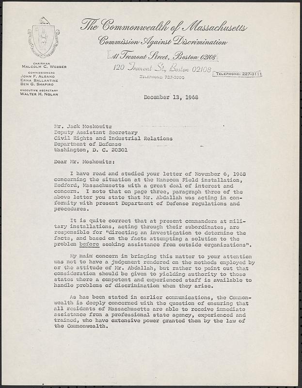 Letter from MCAD Chairman Mrs. Erna Ballantine to Dr. Al Armenti about ...
