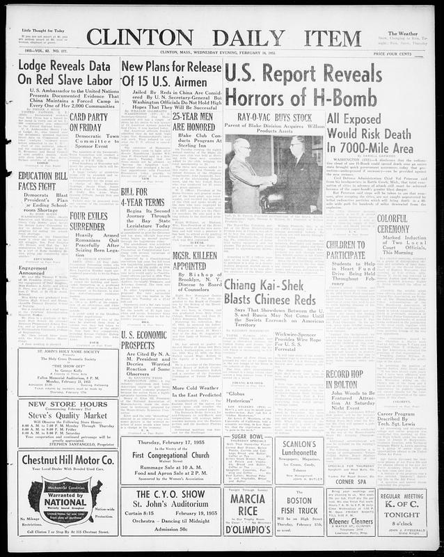 Clinton Daily Item. February 16, 1955 - Digital Commonwealth