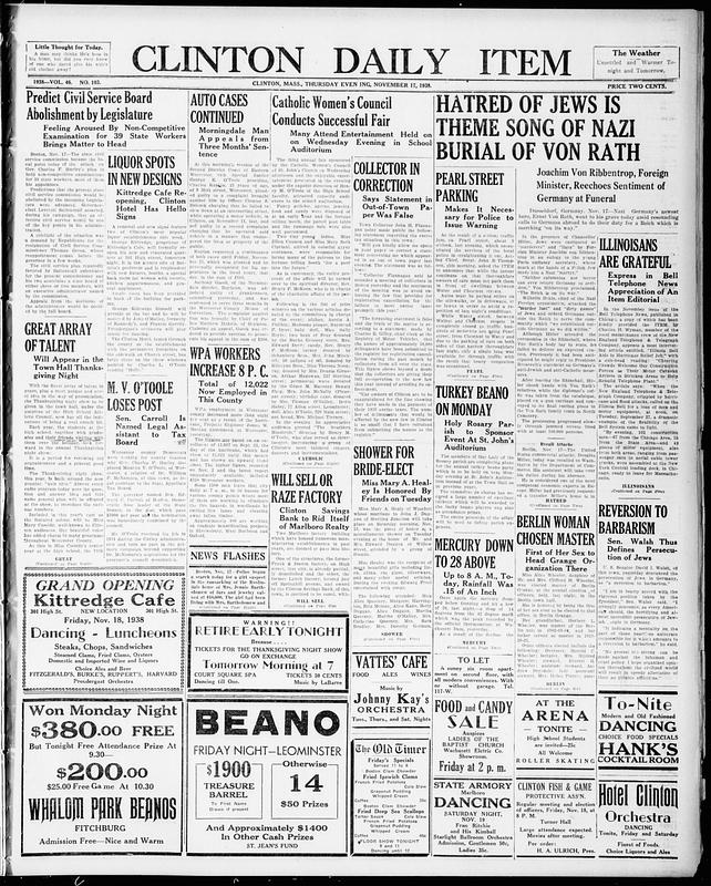 Clinton Daily Item. November 17, 1938 - Digital Commonwealth