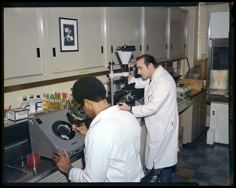 Personnel, lab shot, 2 men w/white coats - Digital Commonwealth