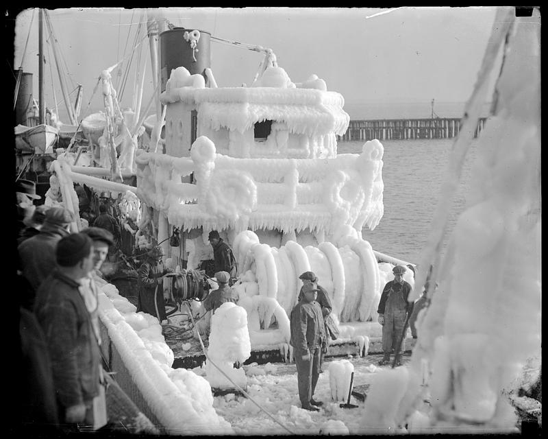 Trawler Fordham ice clad at fish pier - Digital Commonwealth