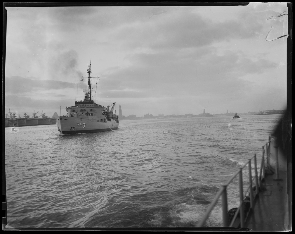 USS Atka in water, either coming in or leaving - Digital Commonwealth