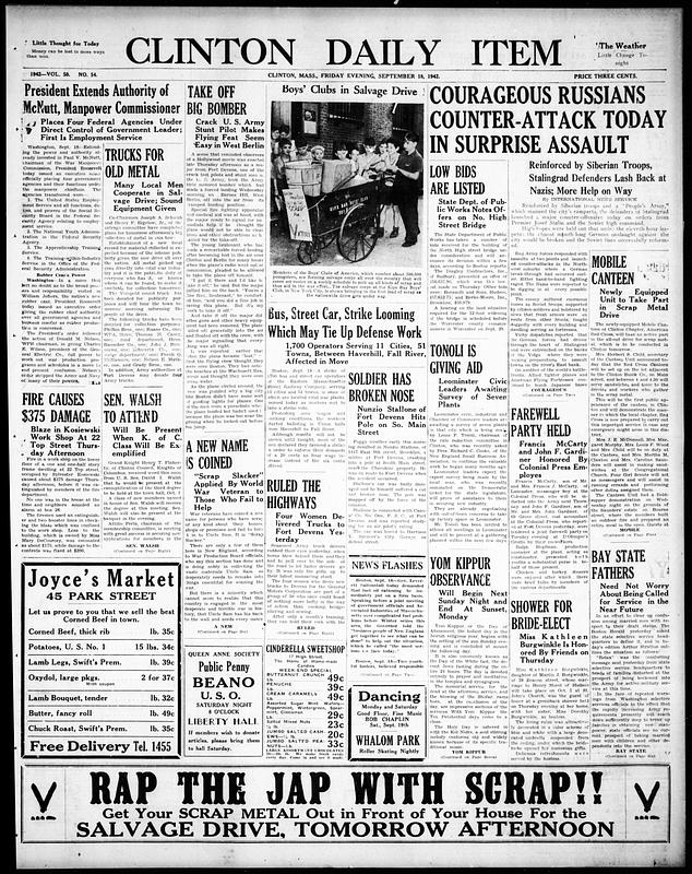 Clinton Daily Item. September 18, 1942 - Digital Commonwealth