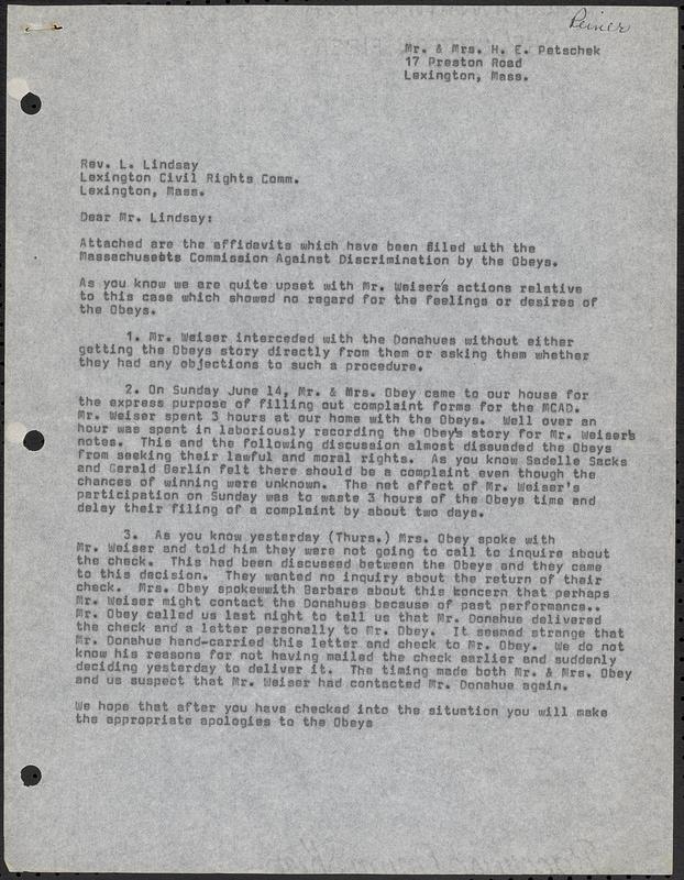 Letter to Reverend L. Lindsay from Mr. and Mrs. H. E. Petschek ...