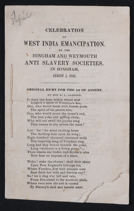 Celebration of West India emancipation by the Hingham and Weymouth anti ...