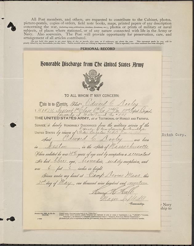 Honorable discharge form of Edward Connell Dooley - Digital Commonwealth