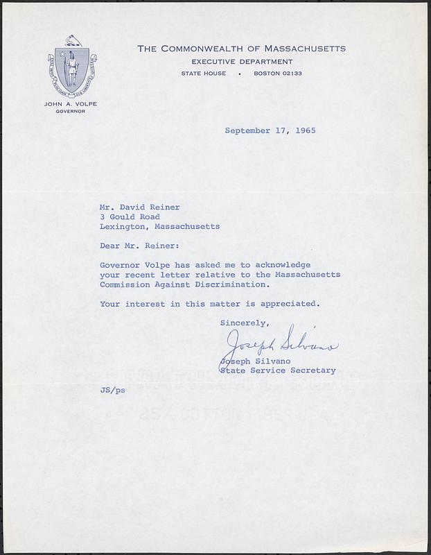 Letter to David Reiner from Mass State Service Secretary acknowledging ...