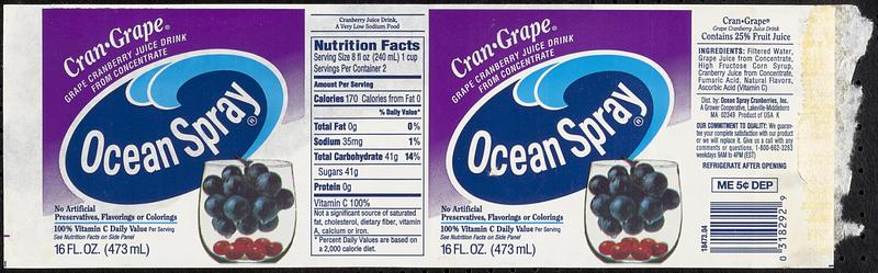 Ocean Spray Cran-Grape Grape Cranberry Juice Drink Bottle Label ...