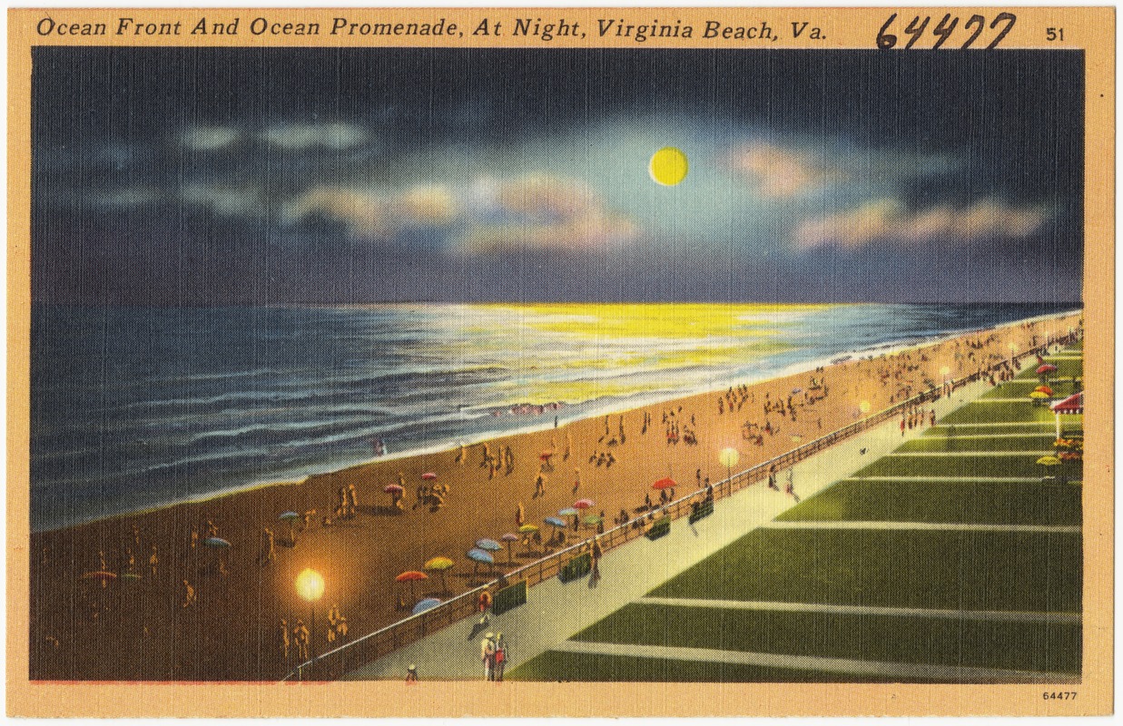 Ocean front and ocean promenade, at night, Virginia Beach, Va ...
