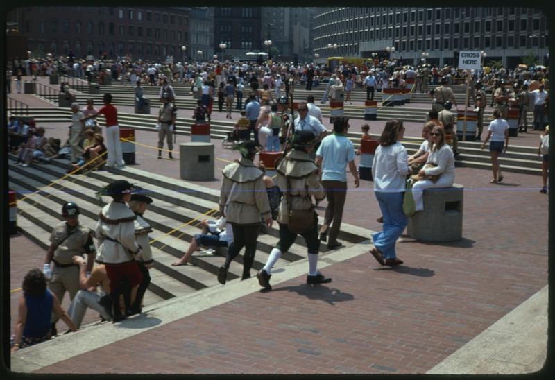 A group of people, some in colonial costume, Boston City Hall Plaza ...